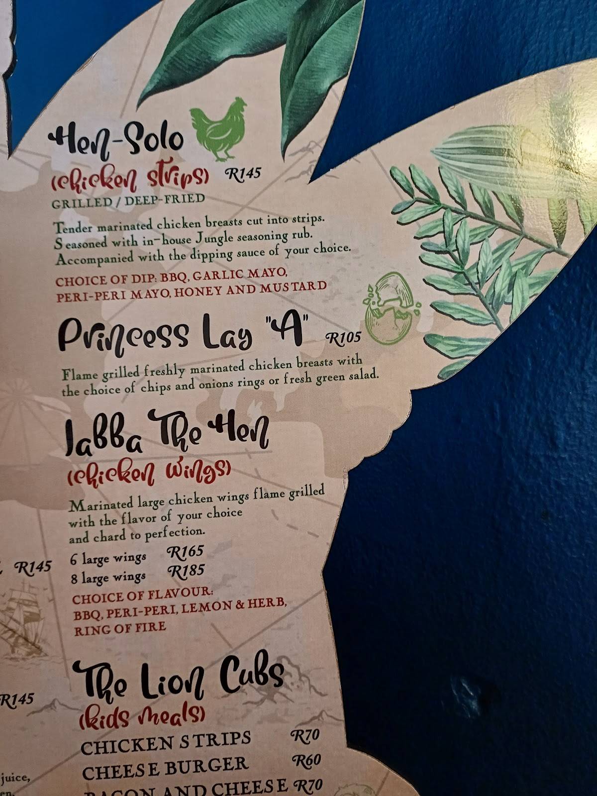 Menu at Jungle restaurant, Johannesburg