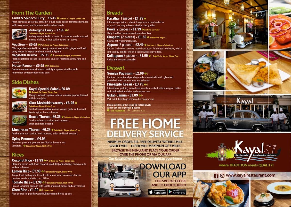 Menu at Kayal restaurant, Leicester