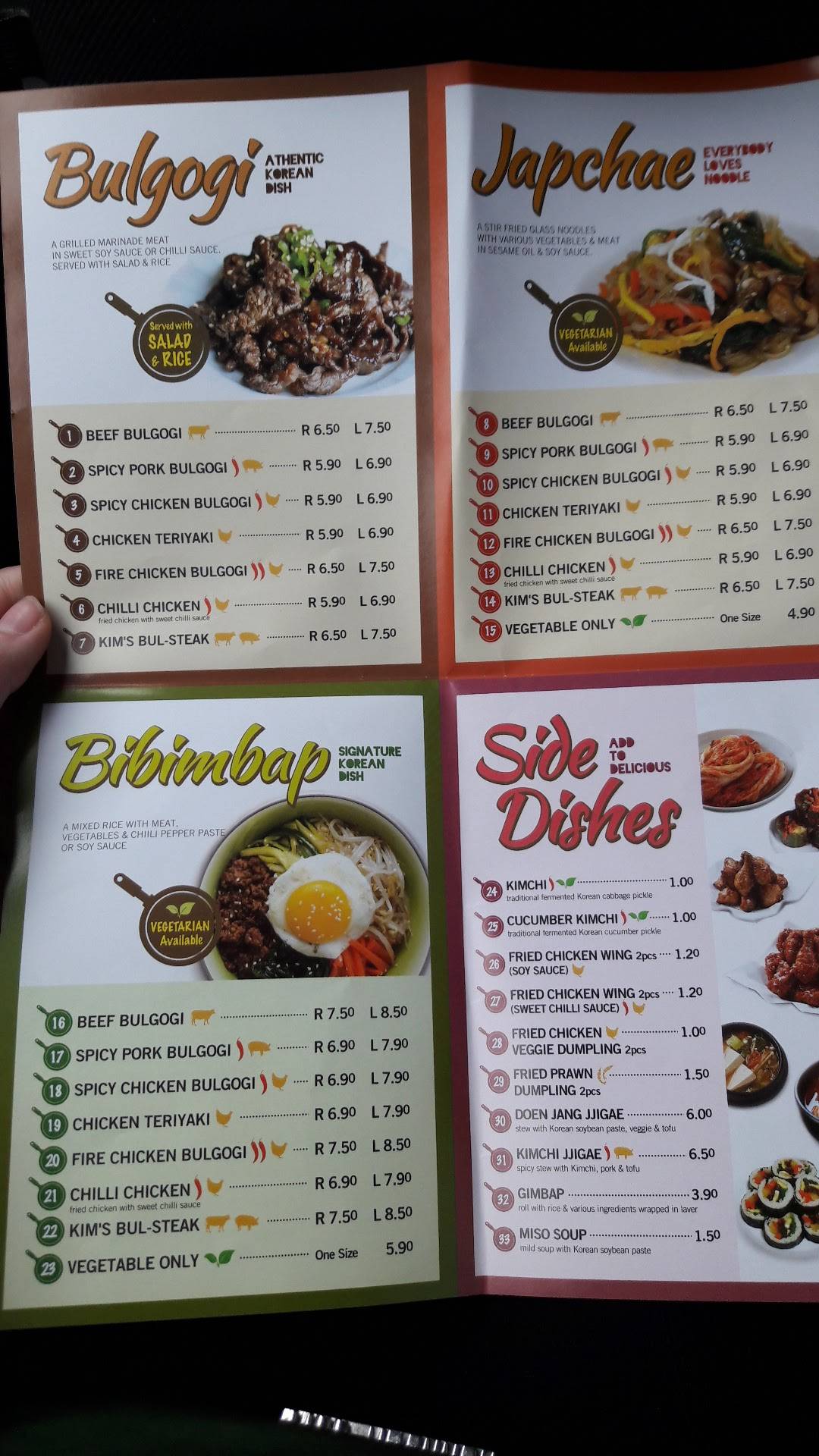 Menu at Kim's Bulgogi restaurant, Eriswell