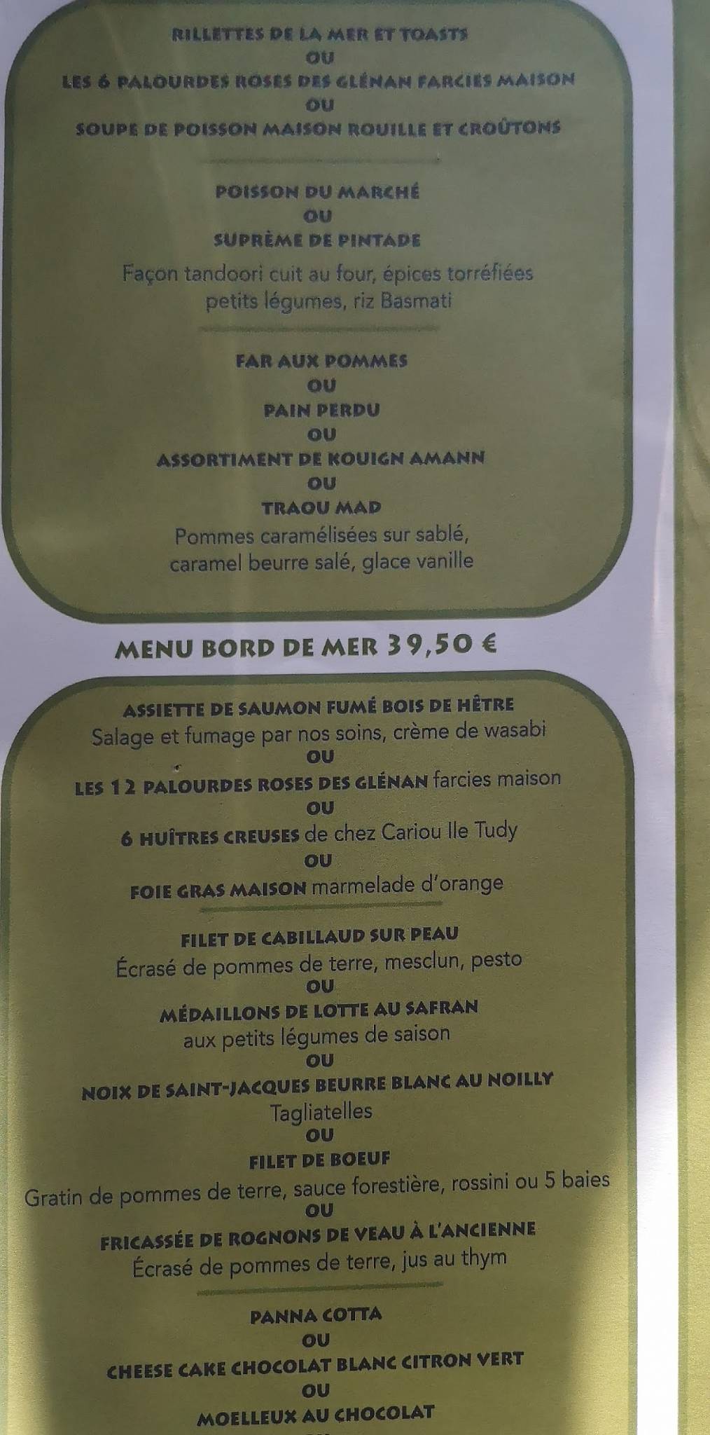 Menu au L'Alhambra restaurant, Bénodet