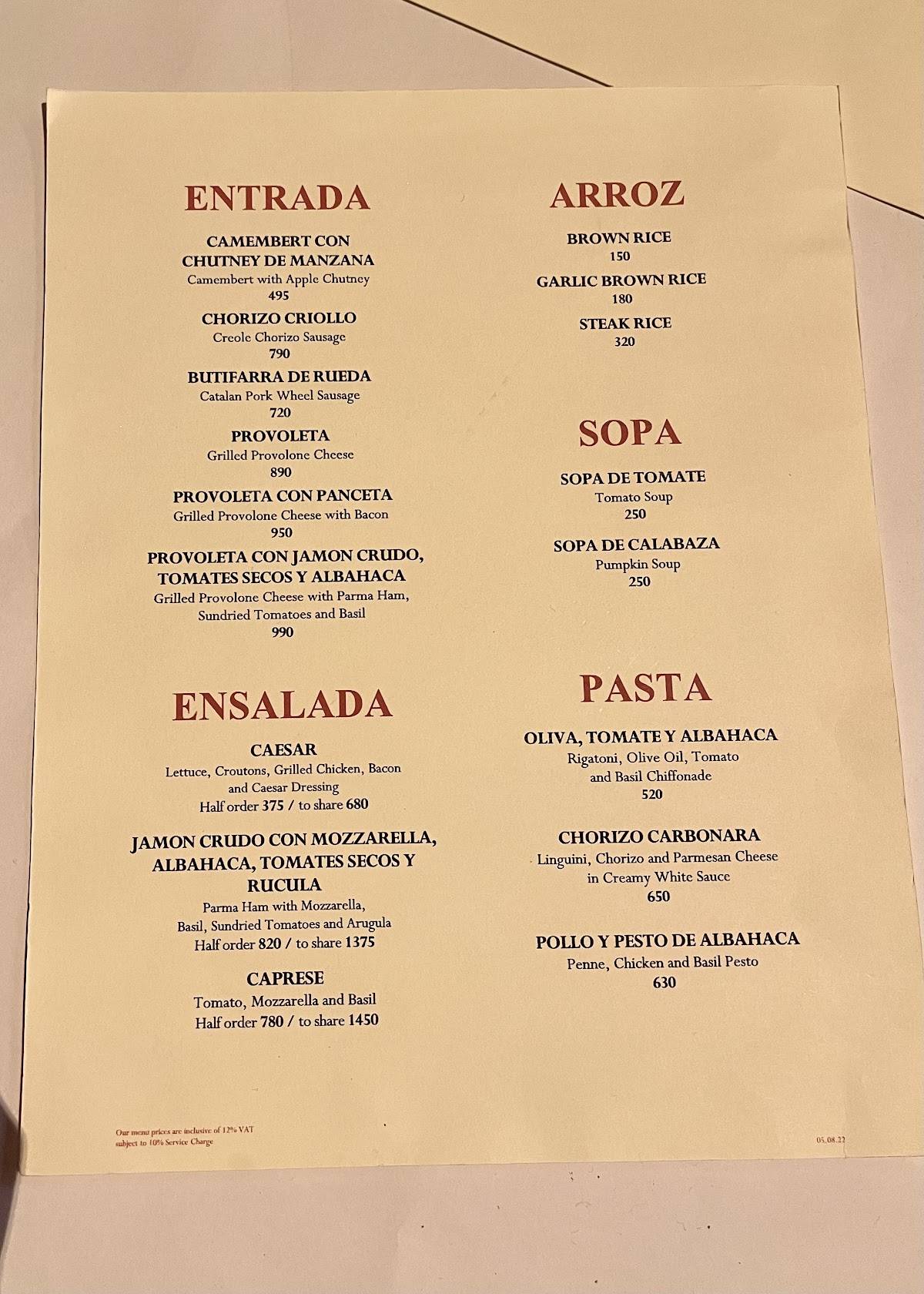 Menu at La Cabrera restaurant, Makati, H23G+46M