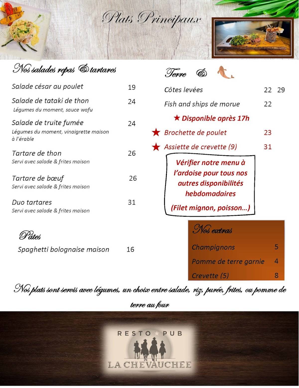 Menu au La Chevauchée Resto-Pub, Bécancour