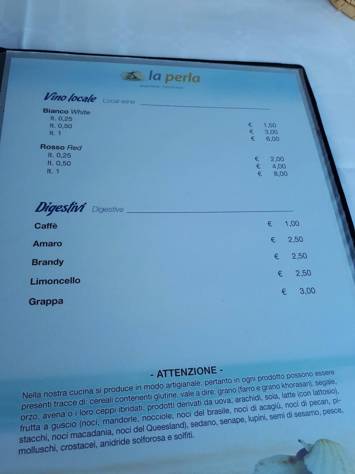 Speisekarte von La Perla restaurant, Balestrate