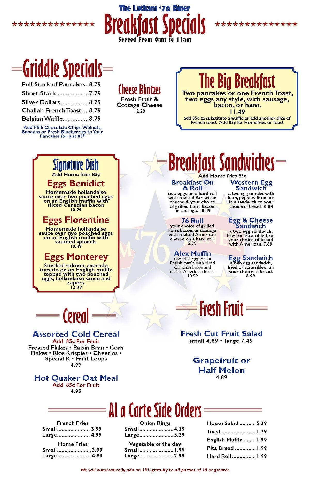 Menu at Latham '76 Diner restaurant, Latham