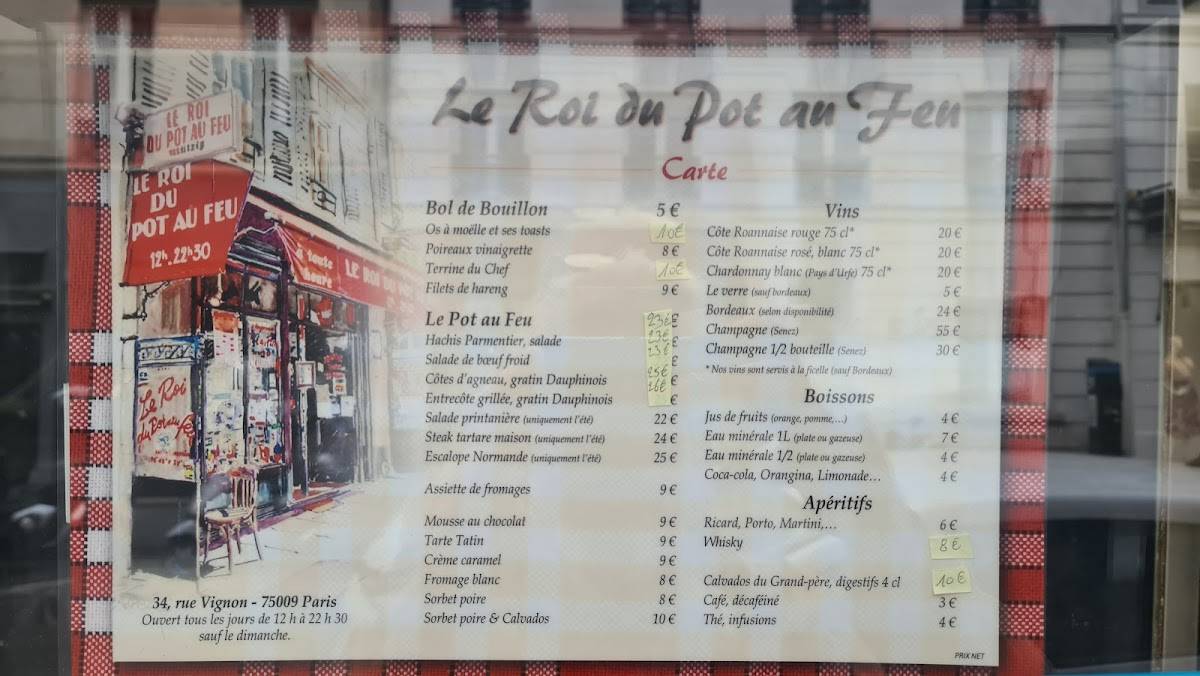 Menu au Le Roi du Pot au Feu restaurant, Paris