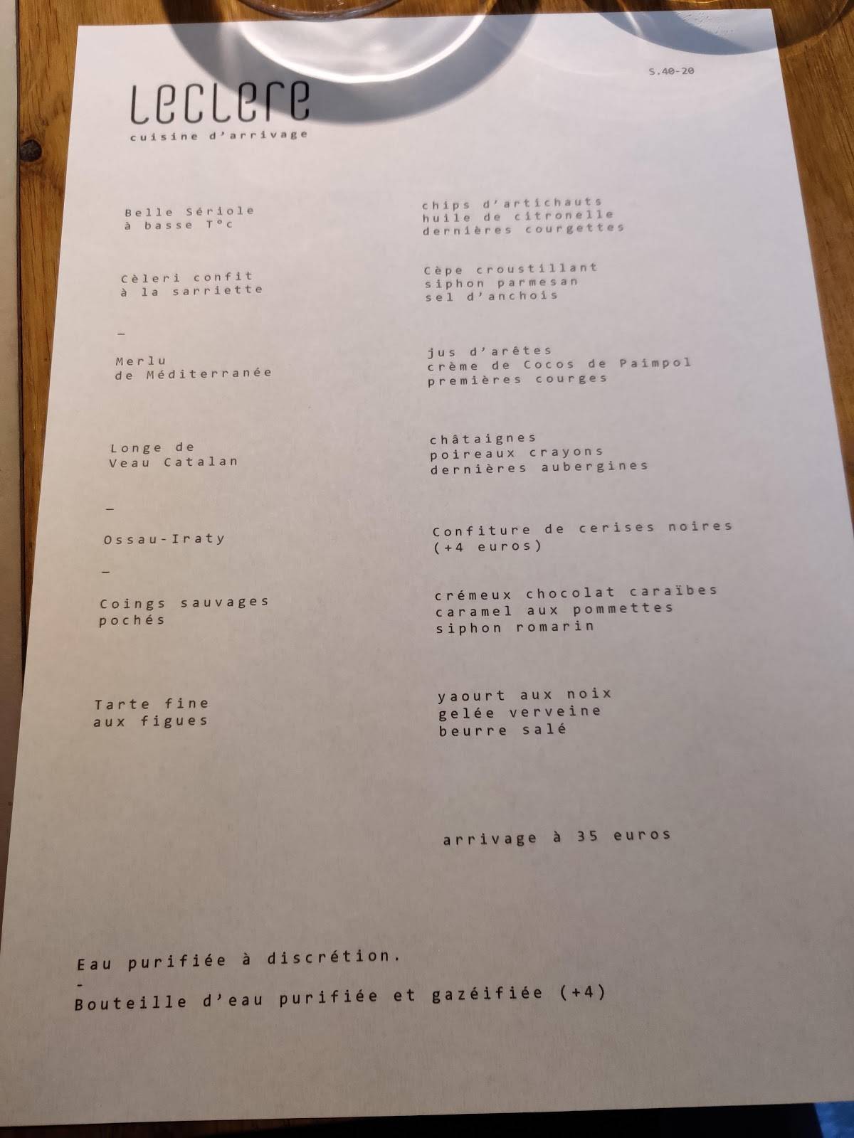 Menu au Leclère, Cuisine D'arrivage restaurant, Montpellier