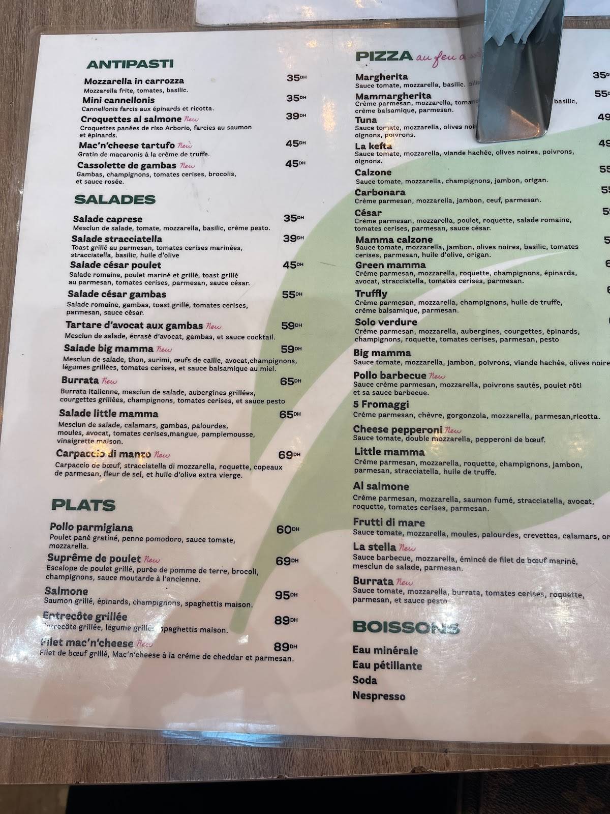 Menu au Little Mamma restaurant, Casablanca, Rue Kaid al Achtar