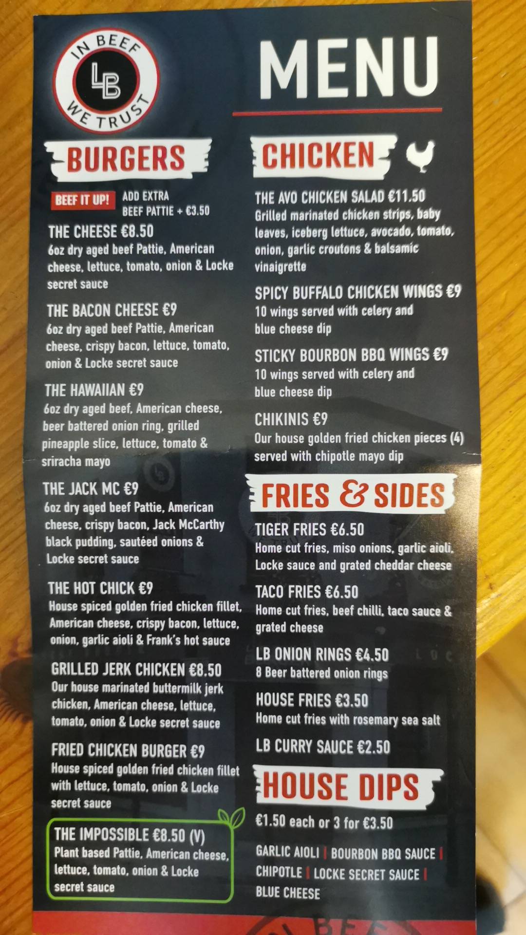 Menu at Locke Burger City Centre restaurant, Limerick