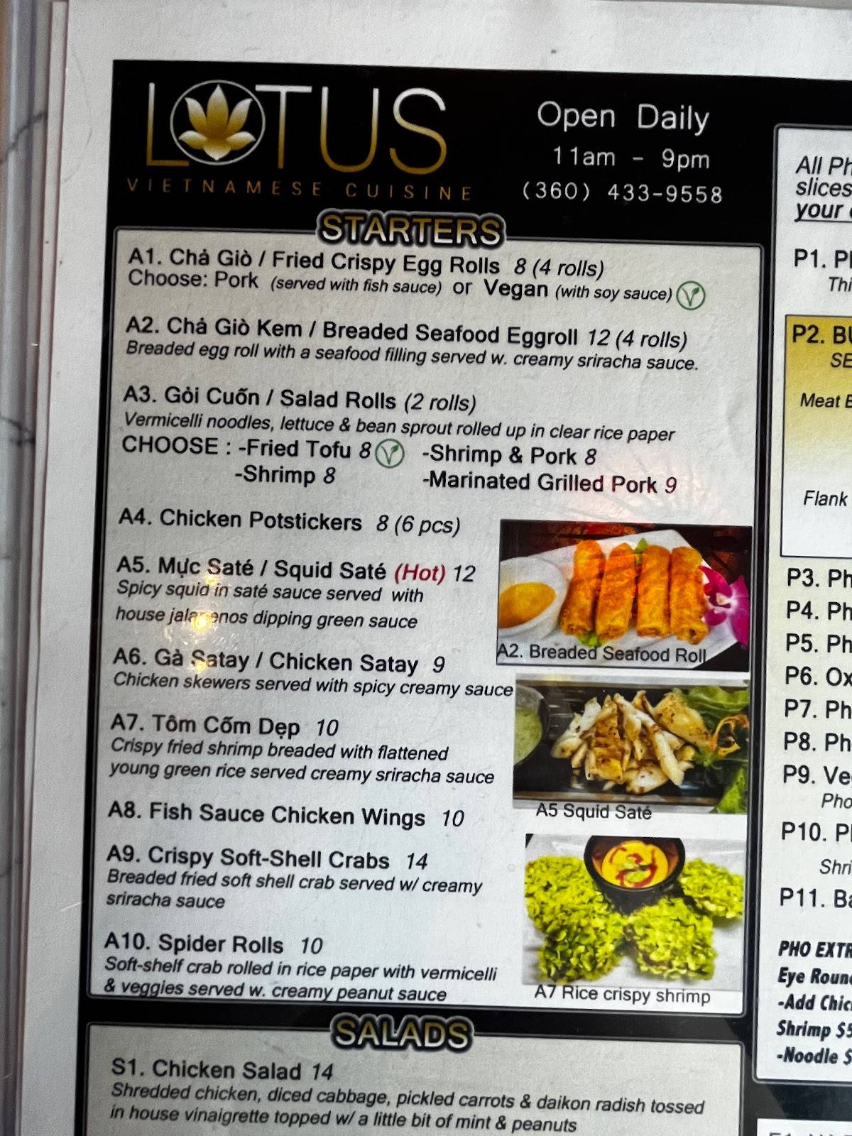 Menu at Lotus Vietnamese Cuisine restaurant, Vancouver