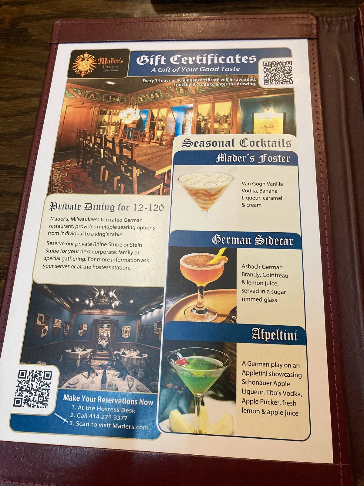 Menu at Mader's Restaurant, Milwaukee