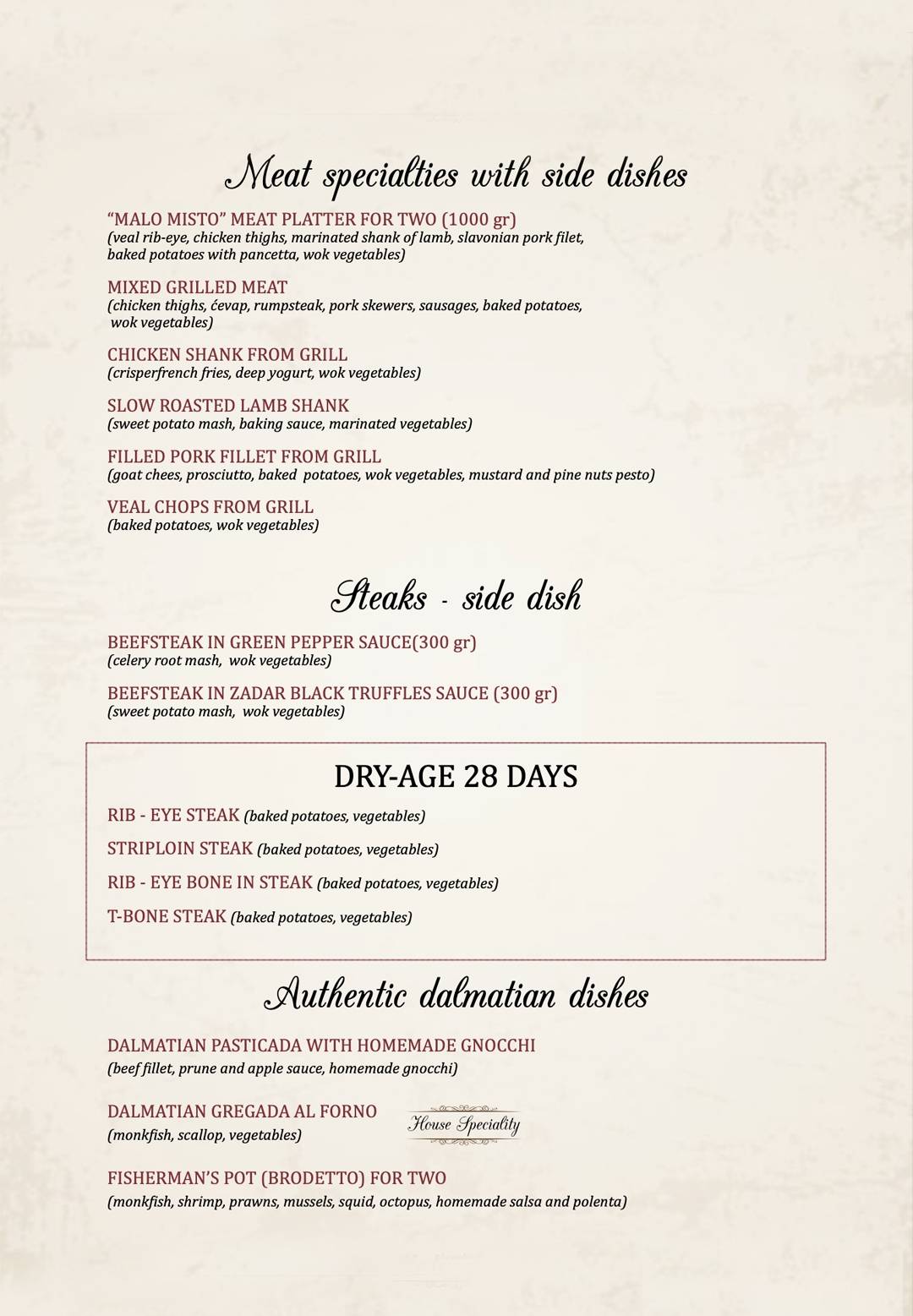 Menu at Restaurant Malo Misto, Zadar