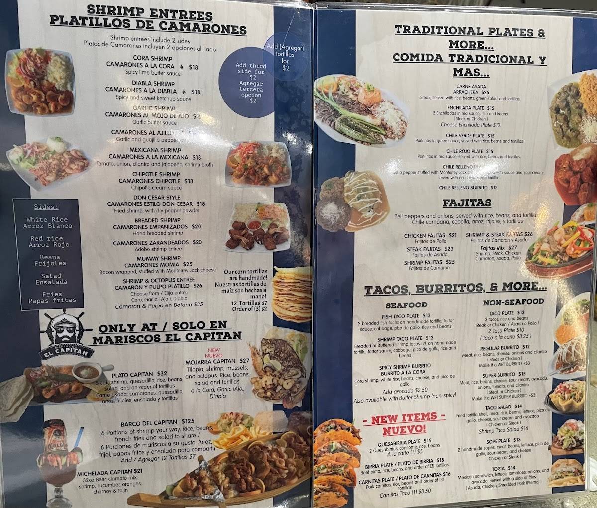 Menu at Mariscos El Capitan restaurant, Yuba City