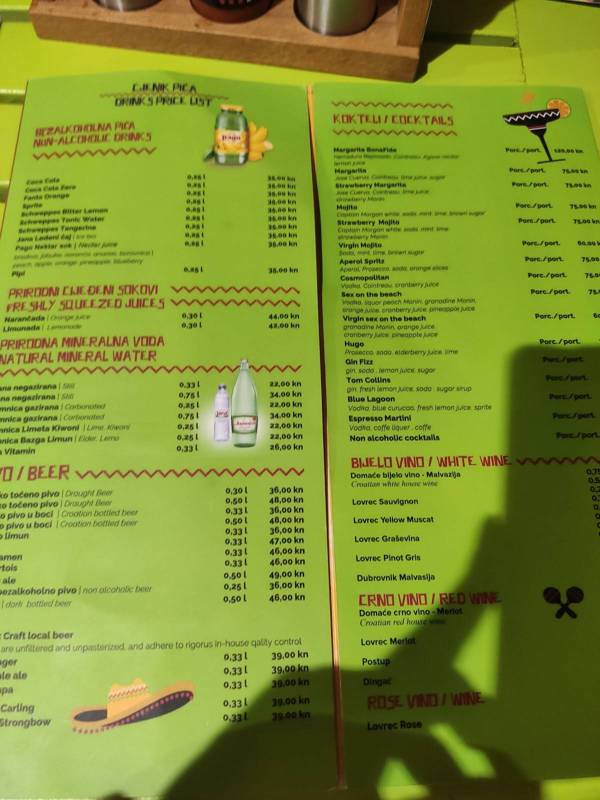 Menu at Mex Cantina Bona Fide restaurant, Dubrovnik