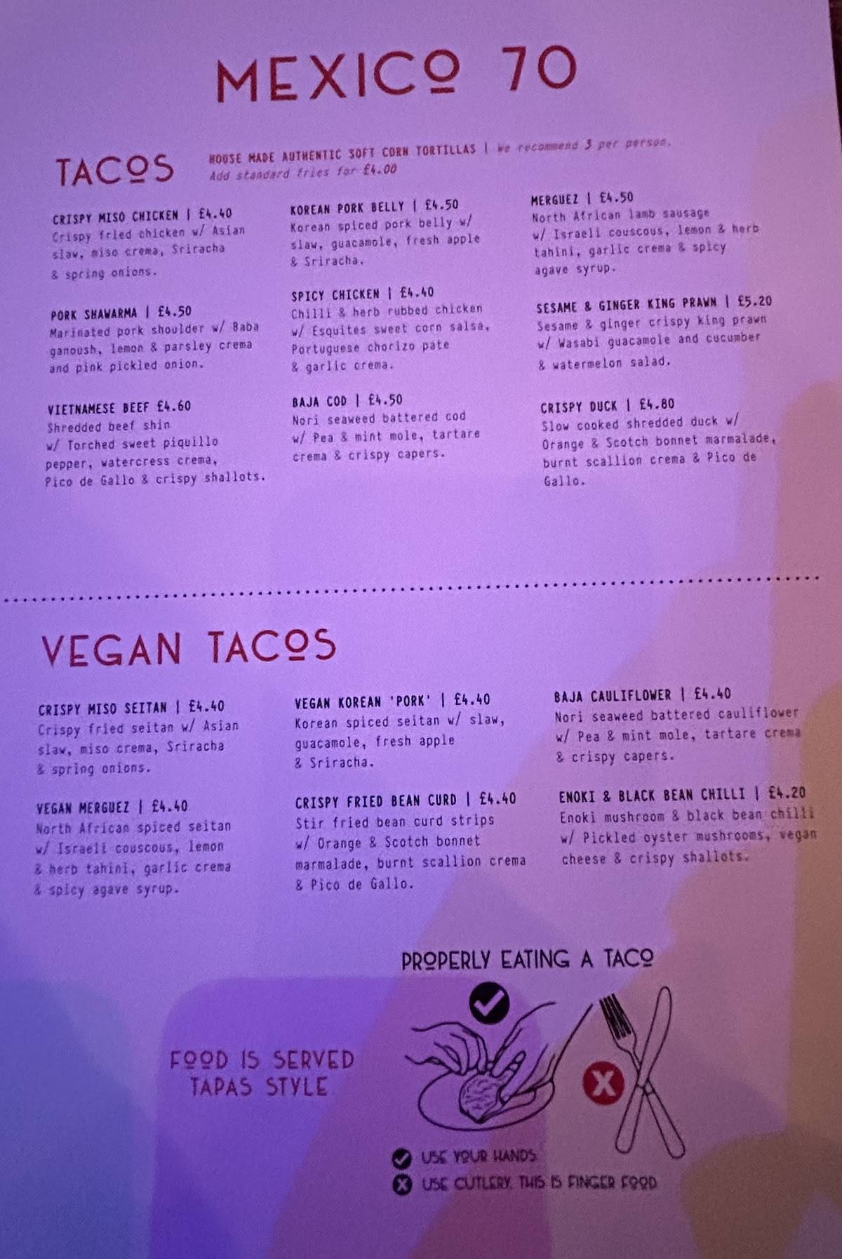 Menu at Mexico 70 restaurant, Sunderland