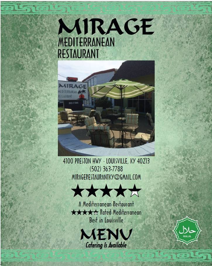 Menu at Mirage Mediterranean restaurant, Louisville