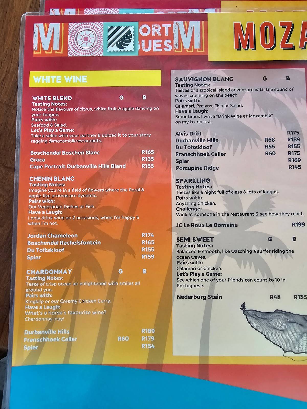 Menu at Mozambik V & A Waterfront restaurant, Cape Town