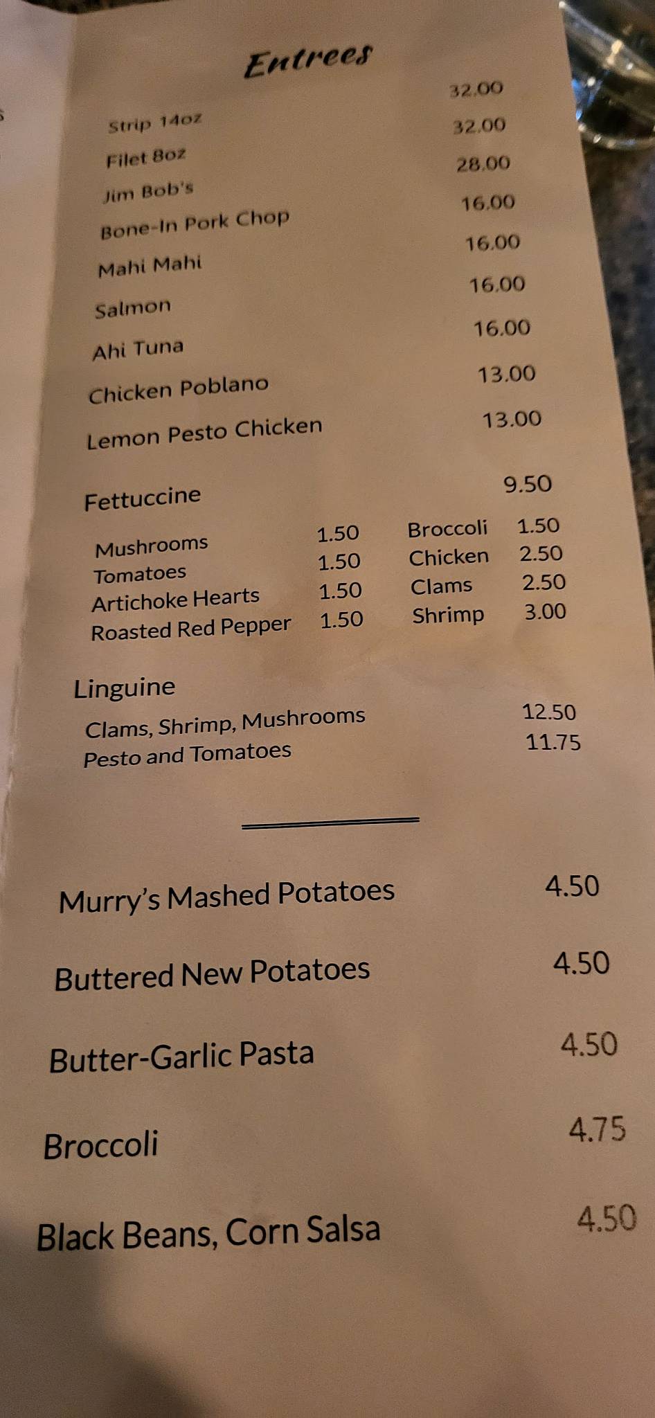 Menu at Murry's restaurant, Columbia