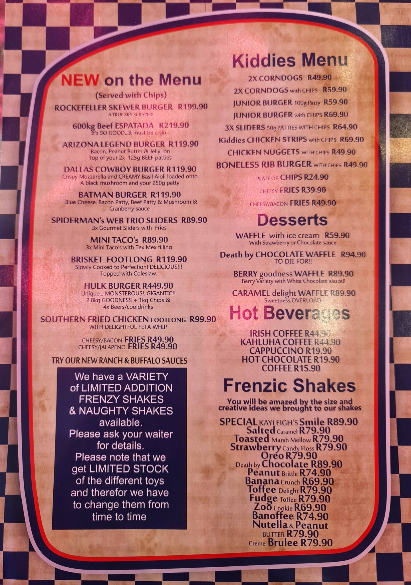 Menu at Mustang Sally's Pub & Diner, Pretoria, Pretorius St