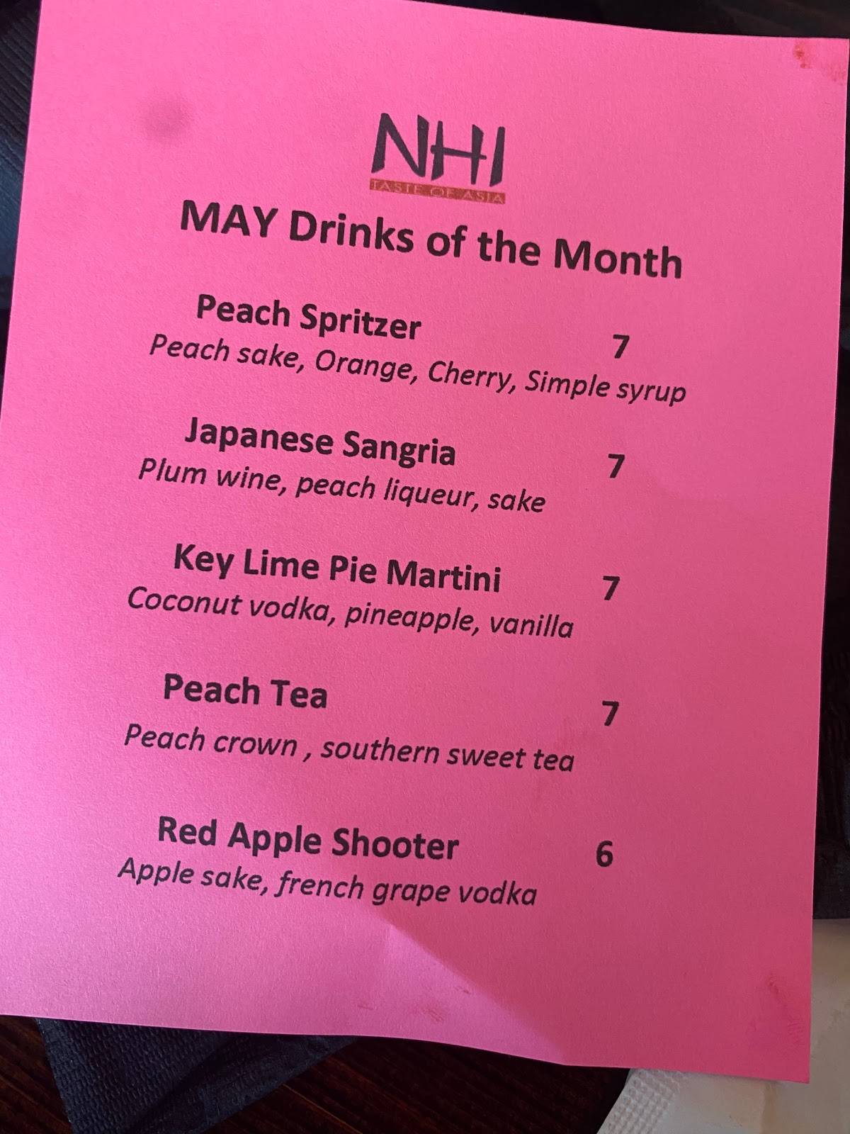 Menu at Nhi Taste of Asia restaurant, Lafayette