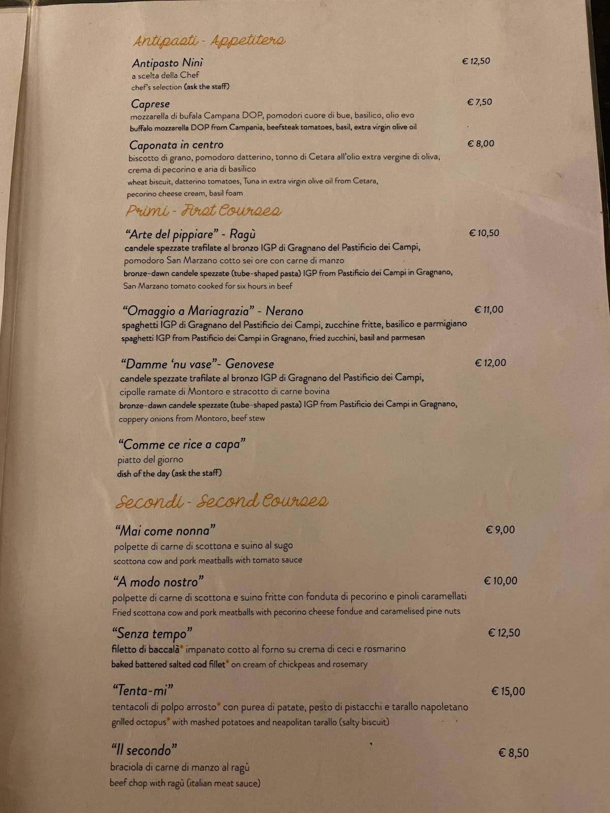 Menu at Ninì in Centro - Ristorante, Pompeii