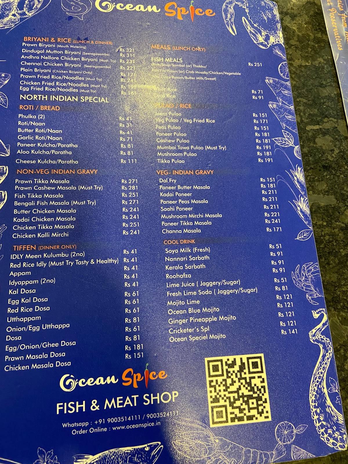 Menu at OCEAN SPICE, Salem
