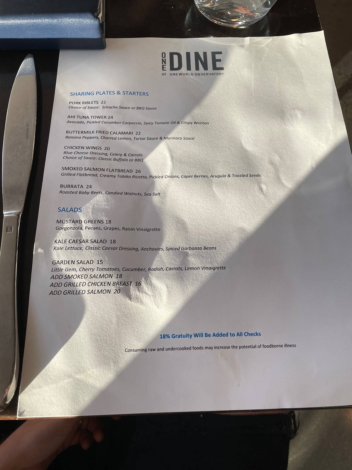 Menu at ONE Dine at One World Observatory restaurant, New York City