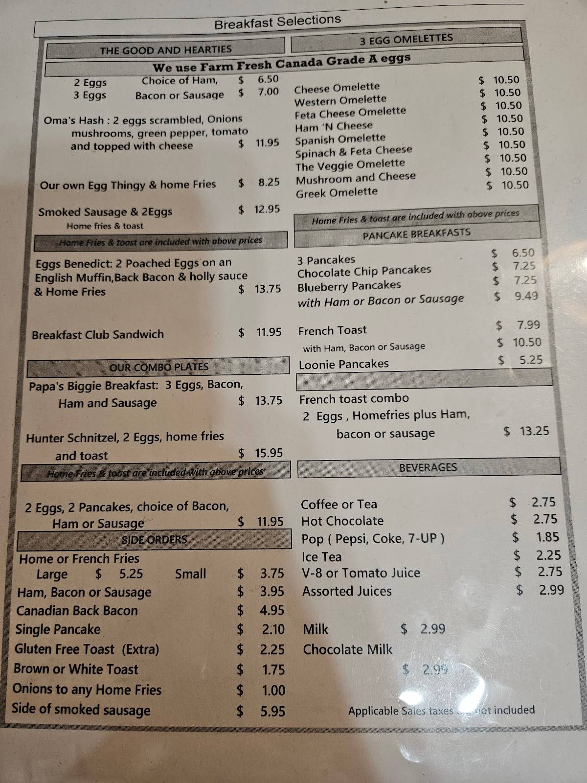 Menu at Opa & Oma's Diner restaurant, St. Catharines
