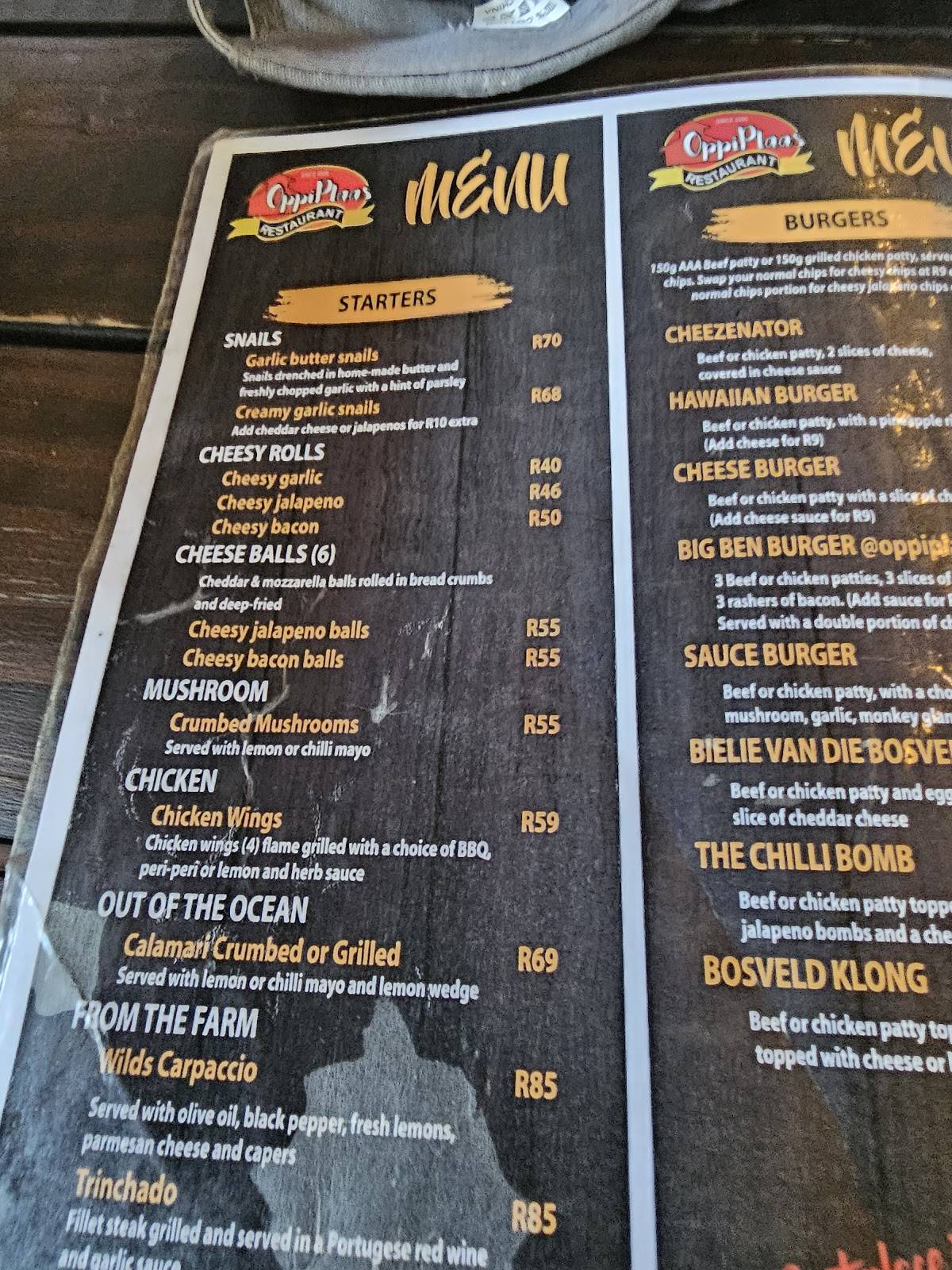Menu at Oppiplaas restaurant, Pretoria
