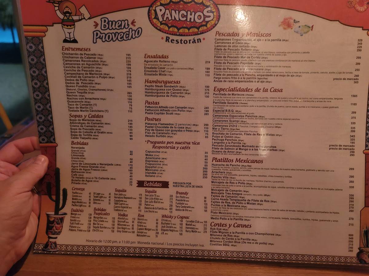 Menu at Pancho's Restaurant, Mazatlán, Av. Gaviotas 408