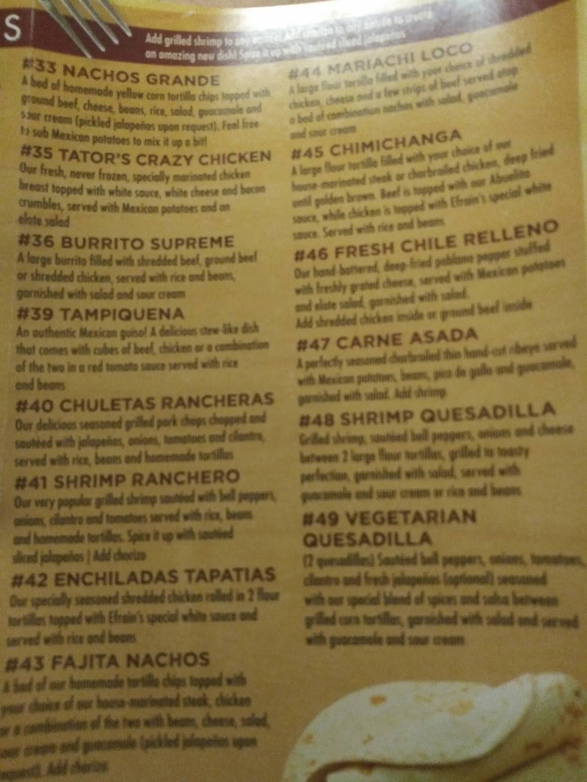 Menu at Pedro's Mexican Food restaurant, Elk City