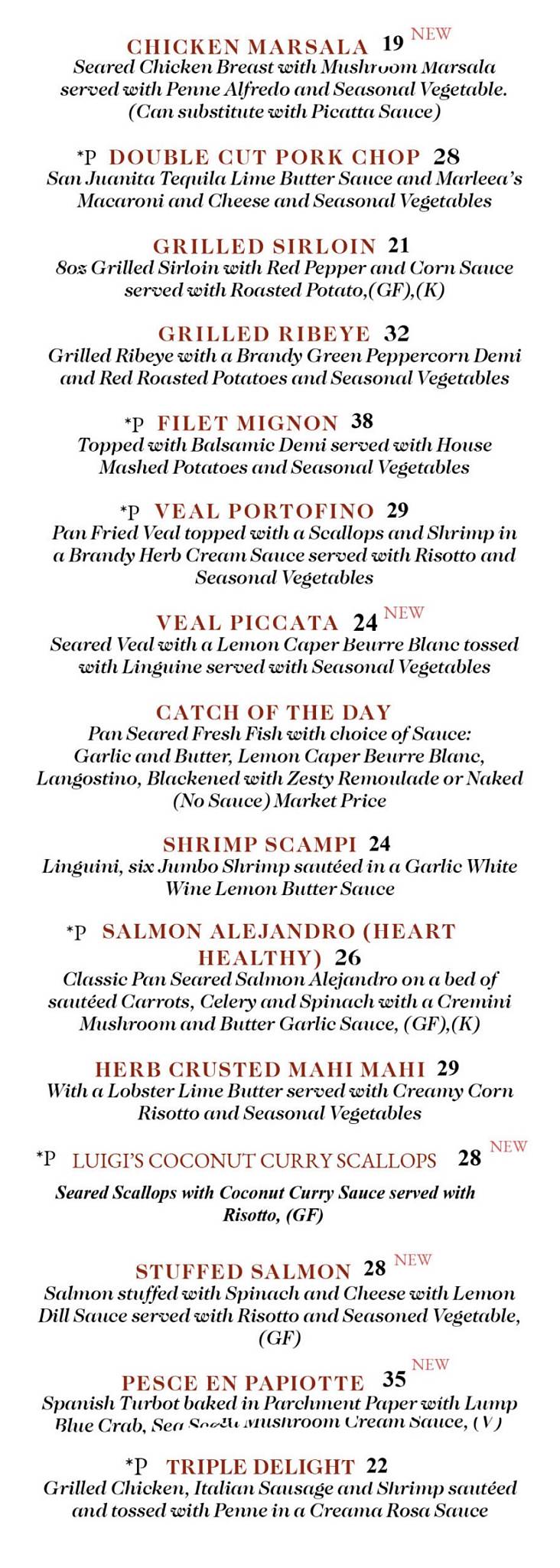 Menu at Pignetti's restaurant, Temple