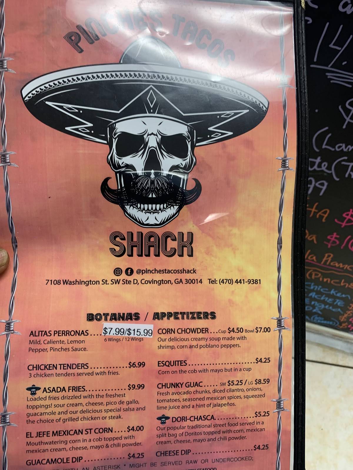 Menu at Pinches Tacos Shack restaurant, Covington
