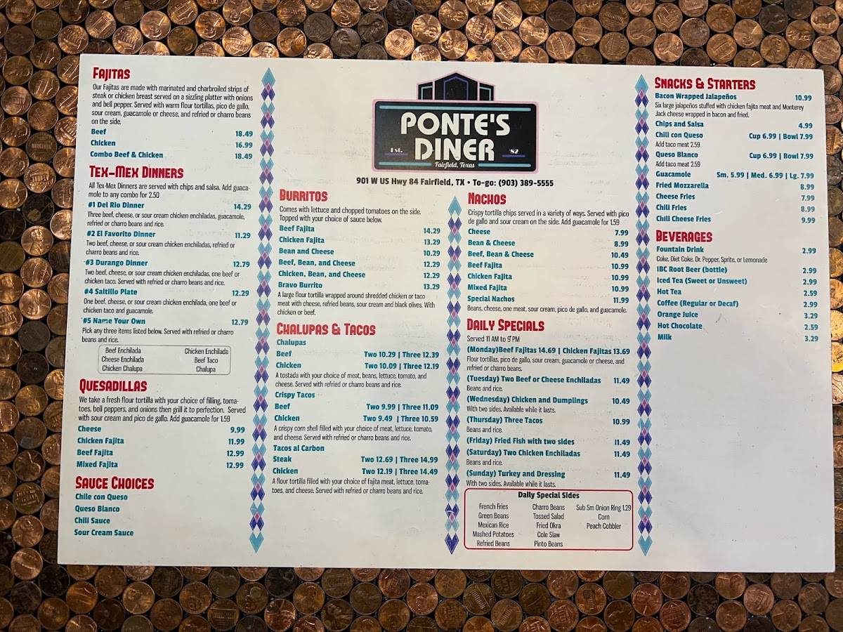 Menu at Ponte's Diner restaurant, Fairfield, 901 US Hwy 84 W