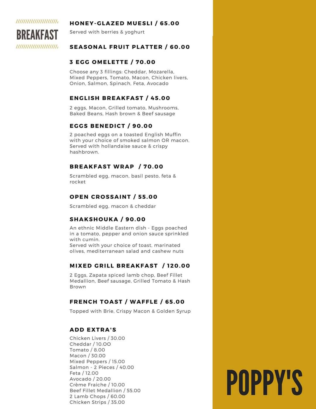 Menu at Poppy's Restaurant, Randburg, Corner Beyers Naude Drive and