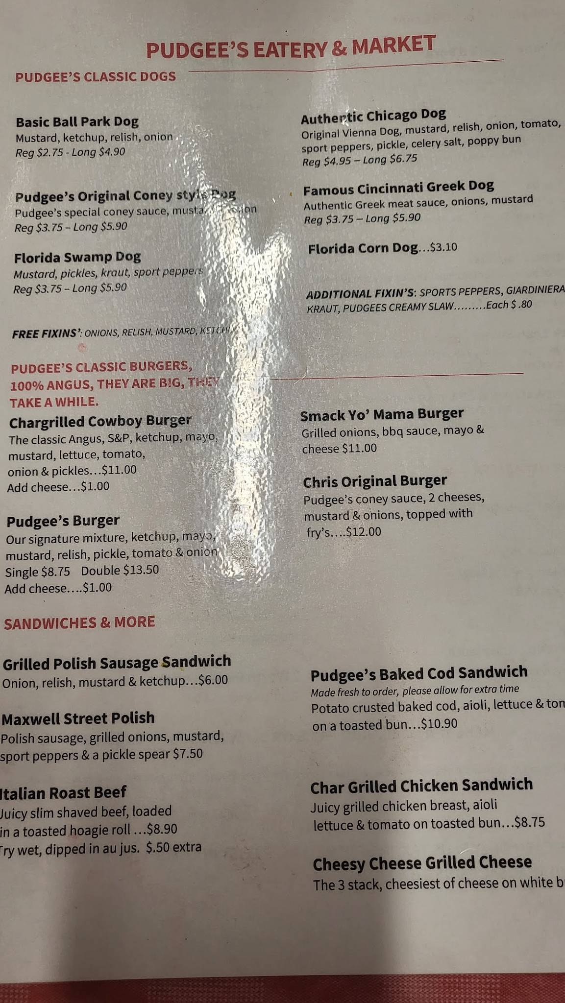 Menu at Pudgee's Eatery and Market restaurant, Floral City