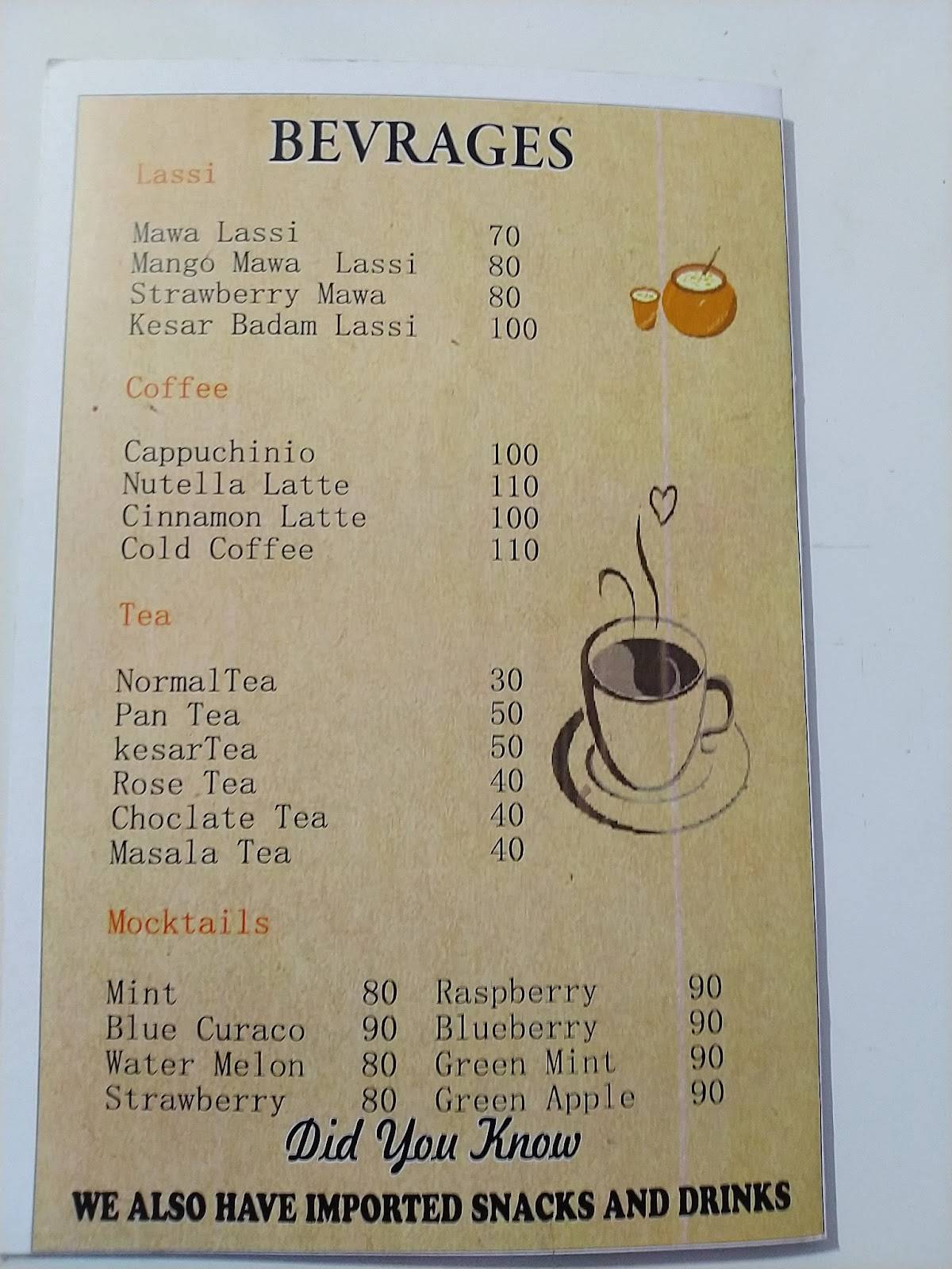 Menu at Rap chole khass, Paonta Sahib