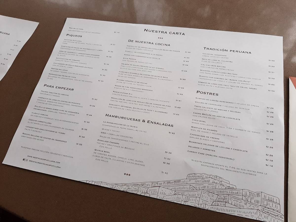 Menu at Restaurant Huaca Pucllana, Lima