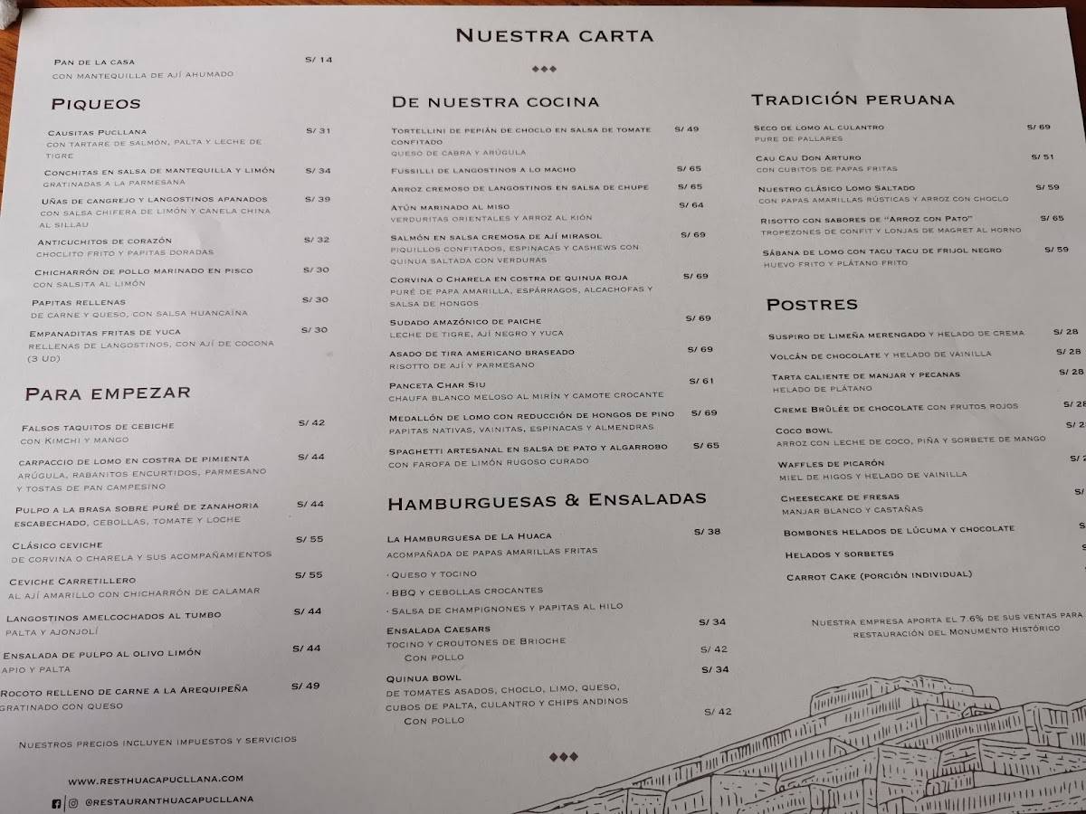 Menu at Restaurant Huaca Pucllana, Lima