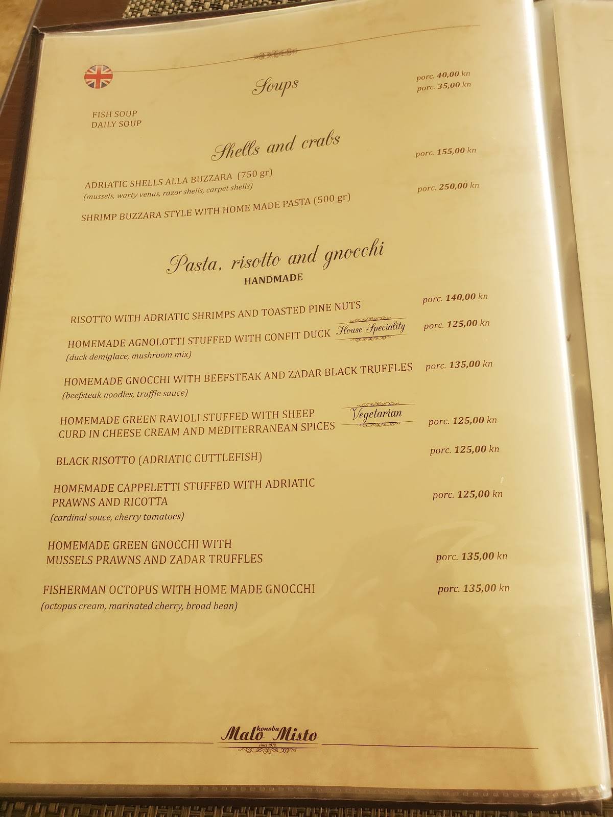 Menu at Restaurant Malo Misto, Zadar