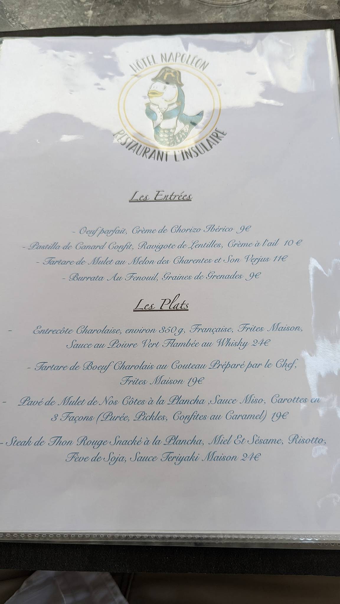 Menu au Restaurant l'insulaire, Île-d'Aix