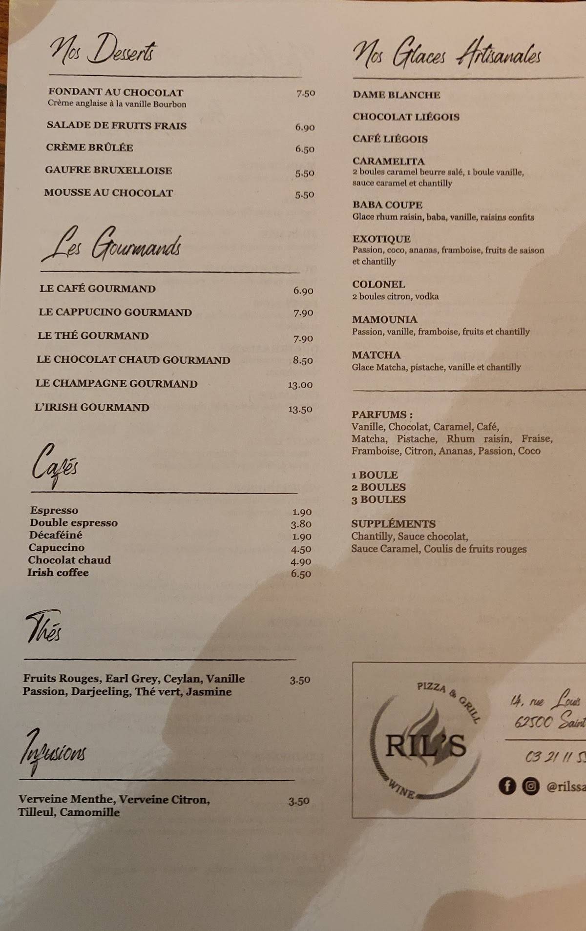 Menu au Ril's restaurant, Saint-Omer