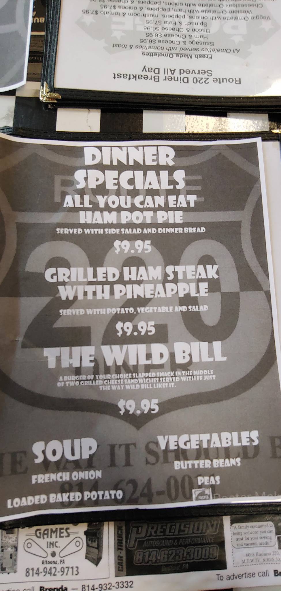 Menu at Route 220 Diner restaurant, Bedford, US-220 BUS
