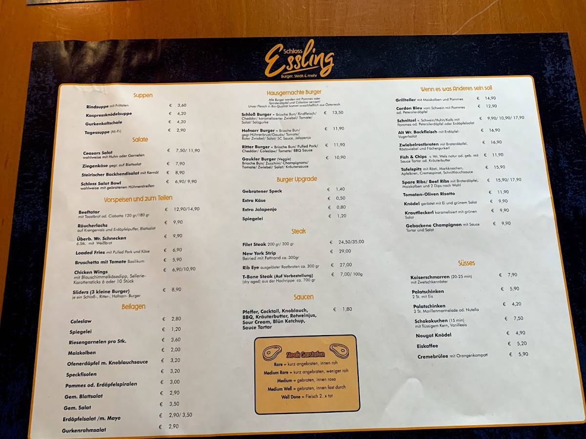 Menu au Restaurant Schloß Eßling, Vienne