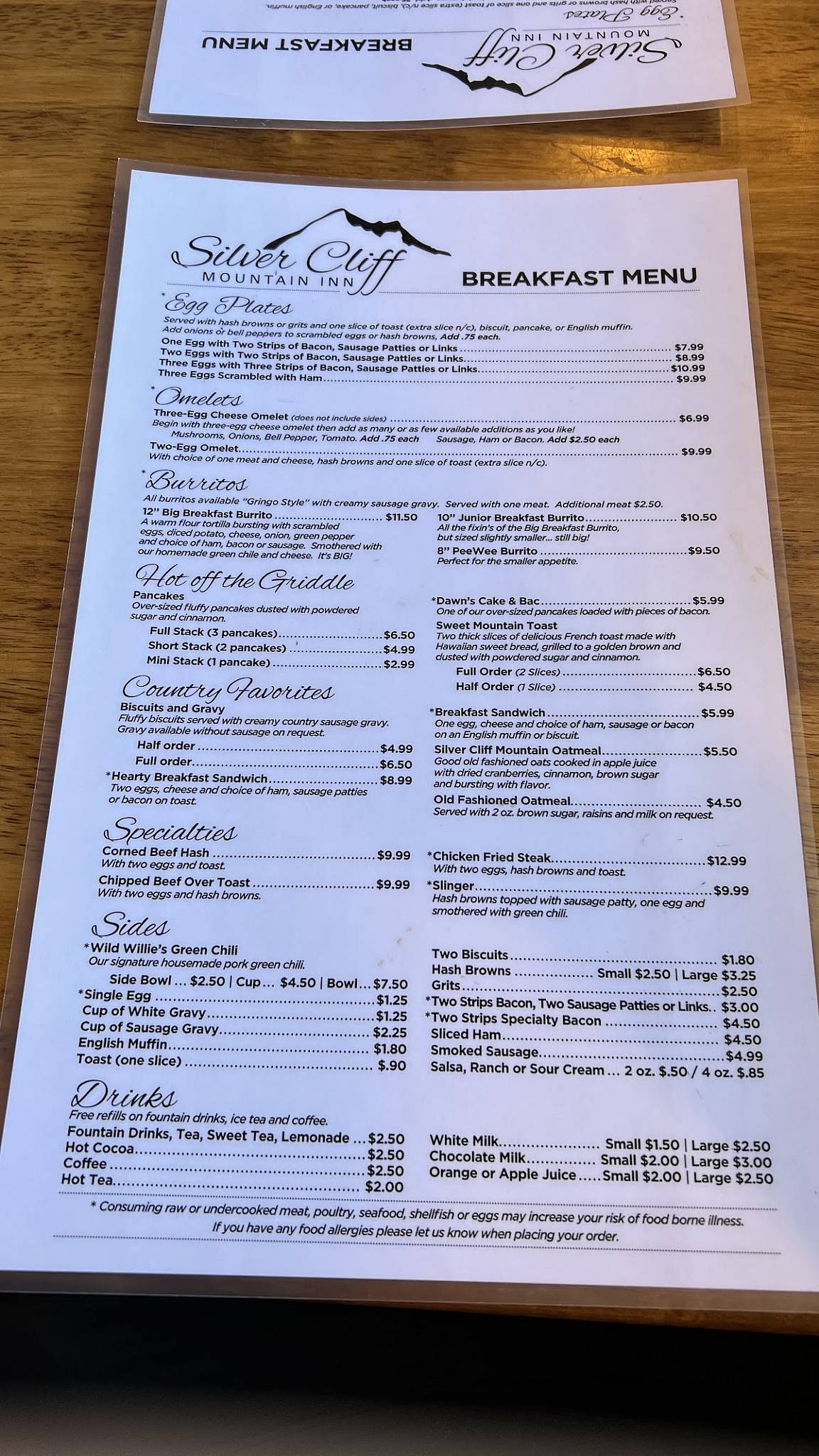 Menu at Silver Cliff Mountain Inn restaurant, Silver Cliff
