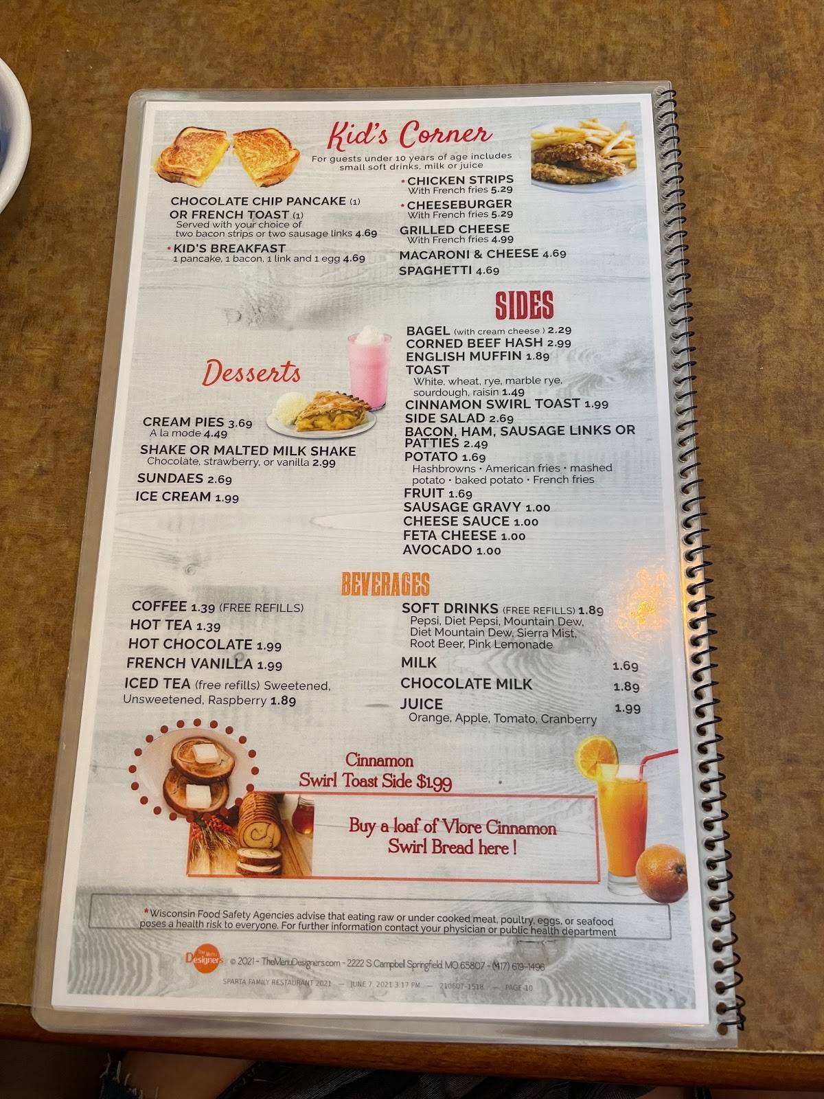 Menu at Sparta Family Restaurant, Sparta