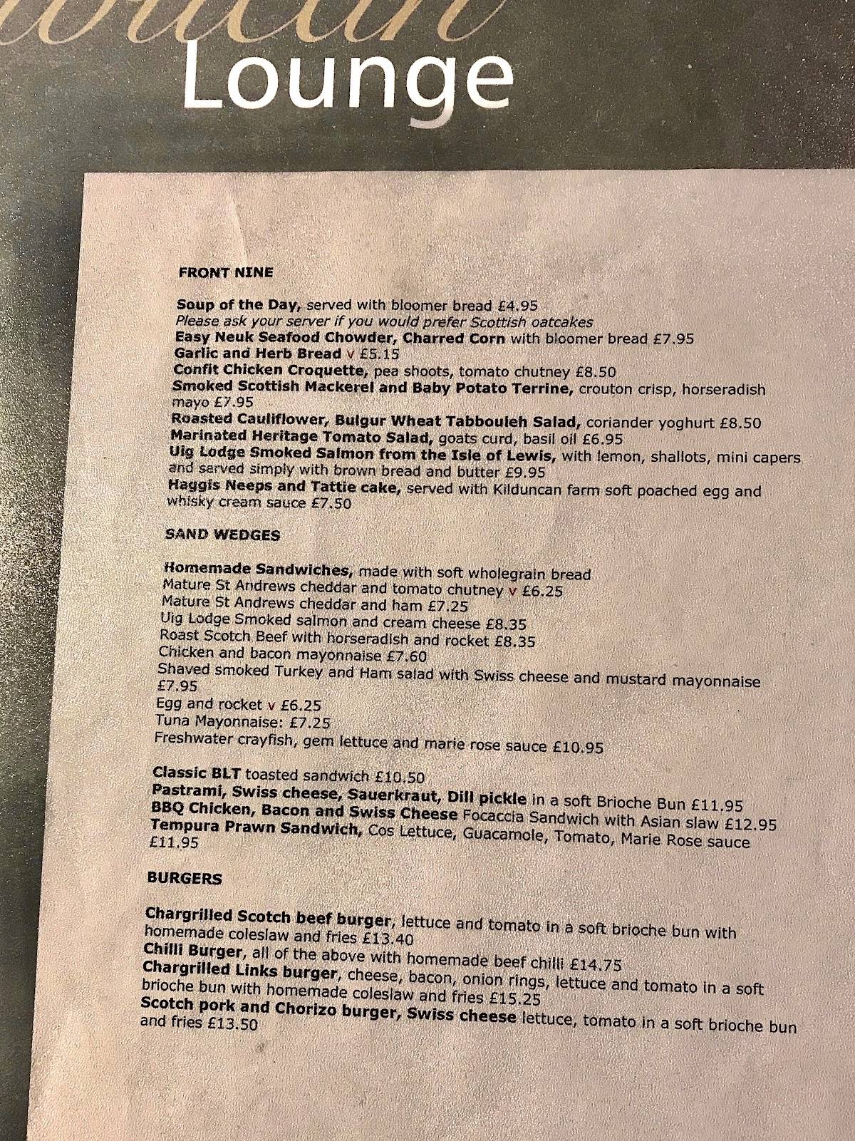 Menu at St Andrews Links Clubhouse & Tom Morris Bar & Grill, Saint Andrews