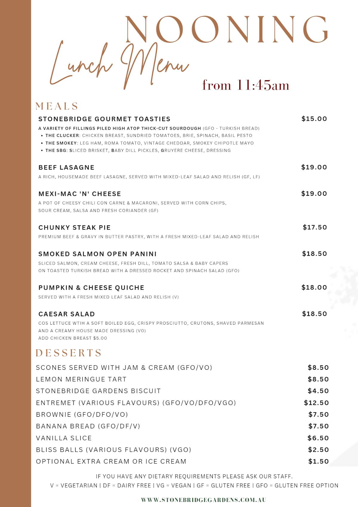 Menu at Stonebridge Gardens restaurant, Palmwoods