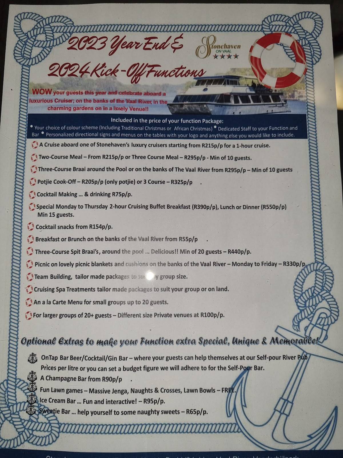 Menu at Stonehaven on Vaal restaurant, Vanderbijlpark