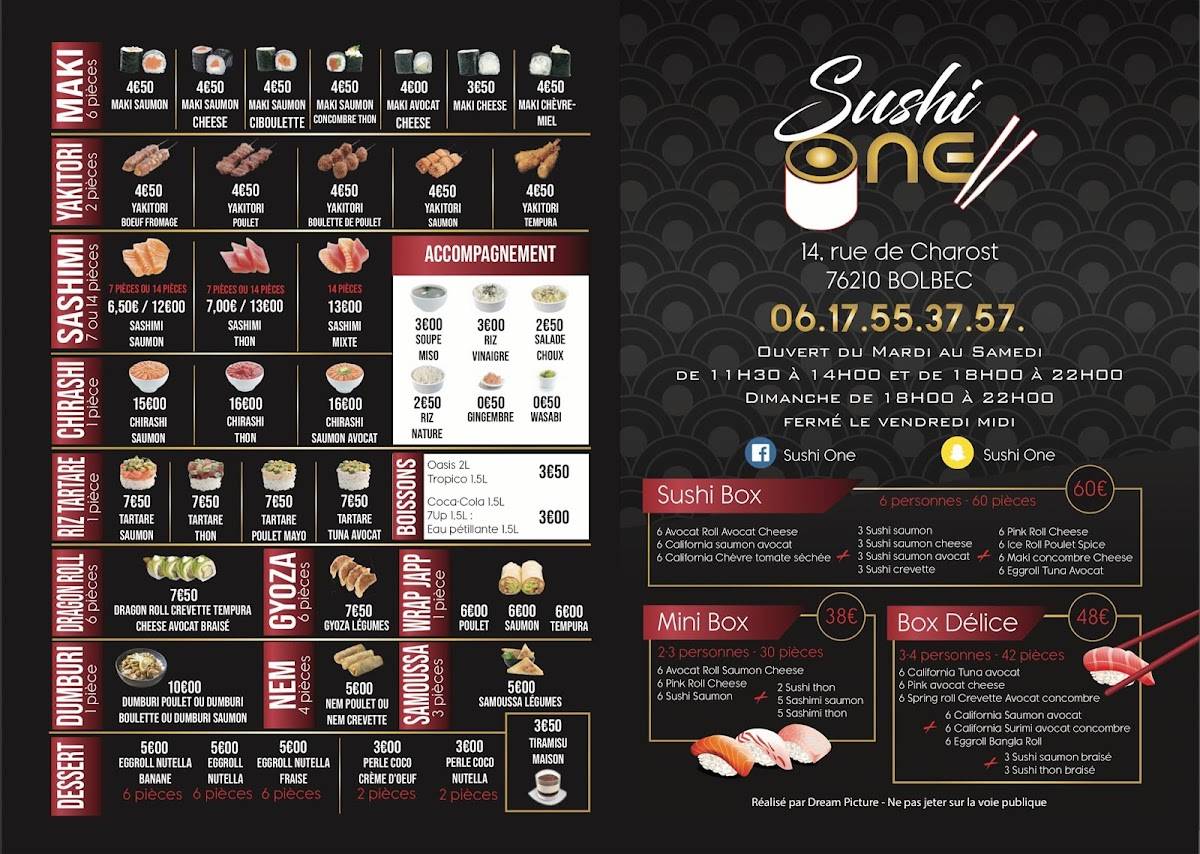 Menu au Sushi One restaurant, Bolbec