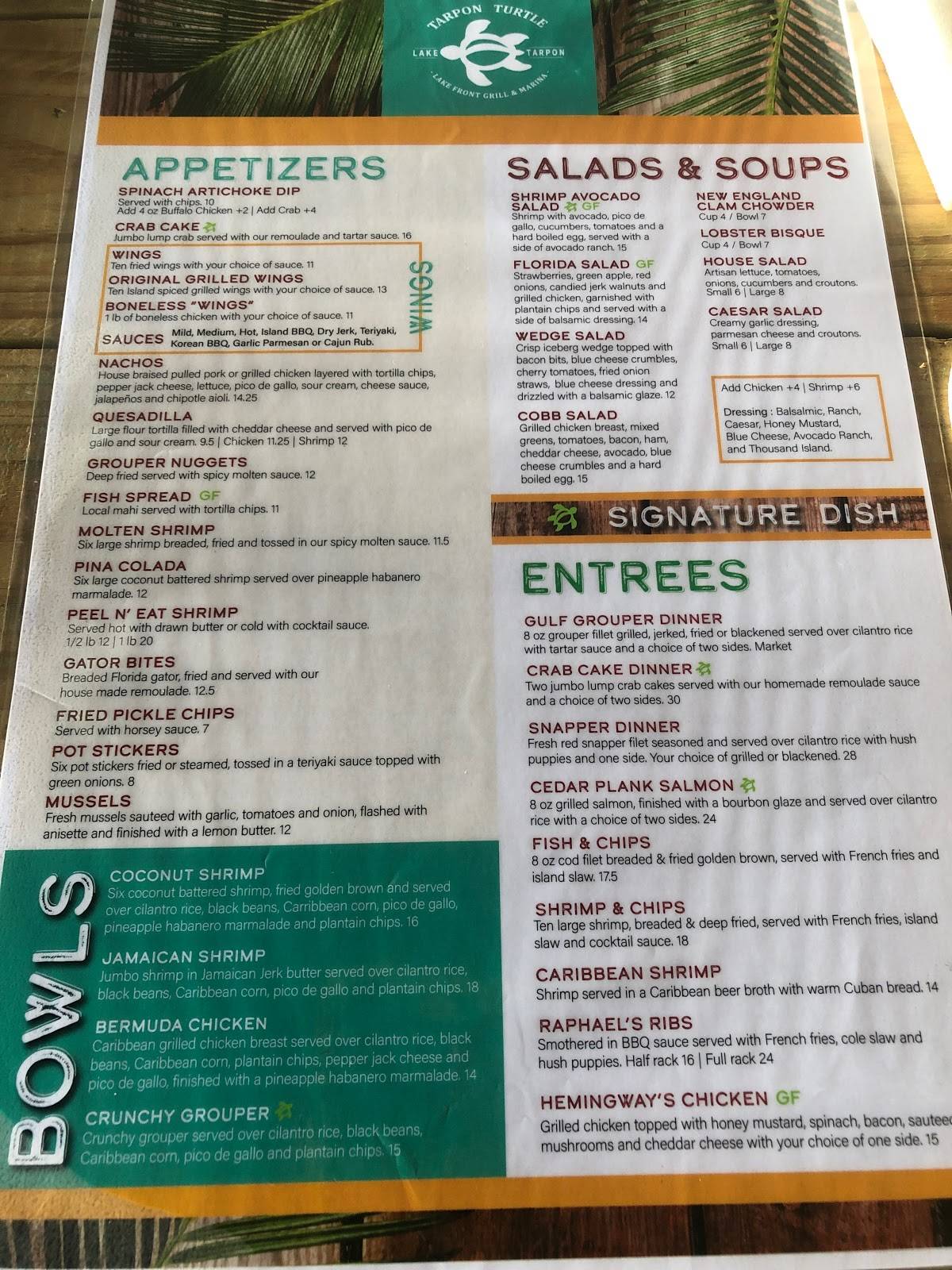 Menu at Tarpon Turtle Waterfront Grill restaurant, Tarpon Springs